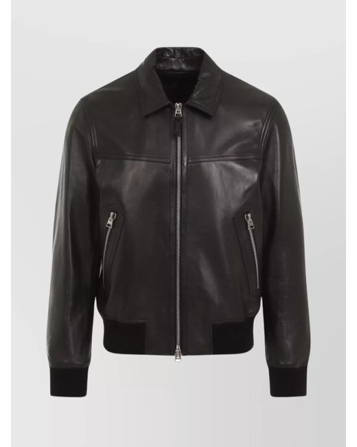 Tom Ford Ribbed Accents Leather Bomber Jacket in Black for Men | Lyst