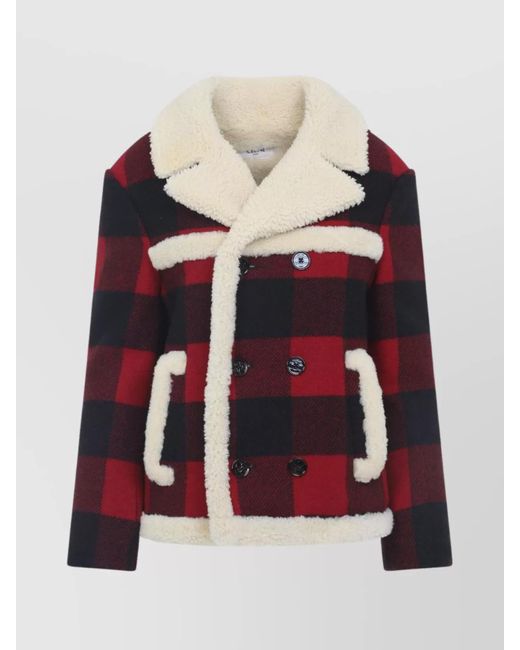 Celine Double-Breasted Shearling Collar Check Jacket in Red | Lyst UK