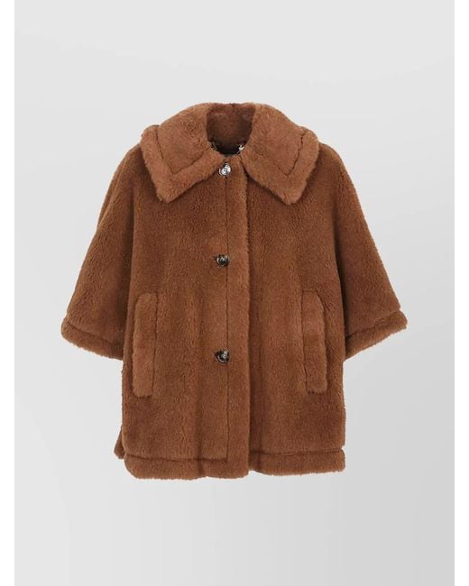 Max Mara Wool Buttoned Cape With Faux Fur Texture in Brown | Lyst