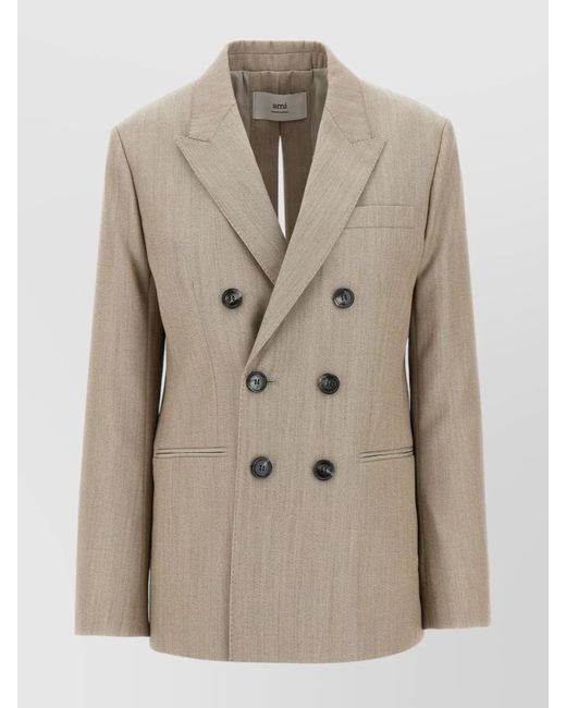 Ami Paris Long Blazer With Split Lapel And Pockets in Natural | Lyst