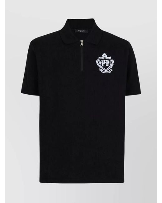 Balmain Short Sleeve Zip Collar Polo Shirt in Black for Men | Lyst UK