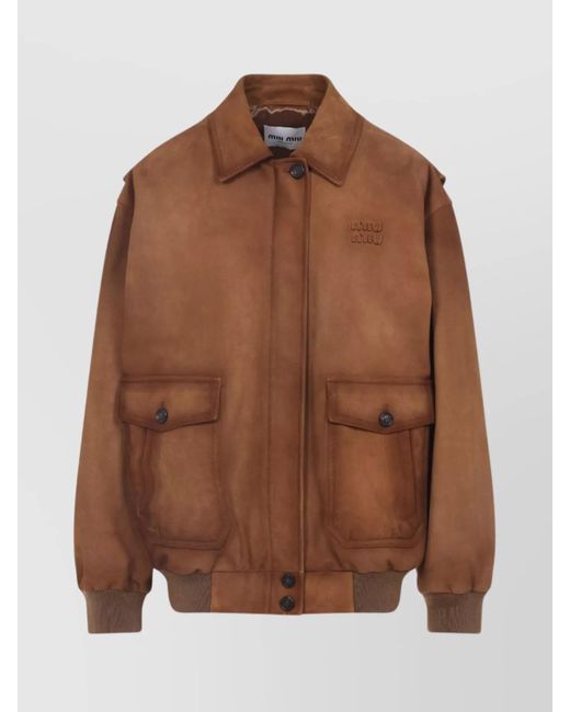 Miu Miu Lamb Leather Jacket Dropped Shoulders in Brown | Lyst UK