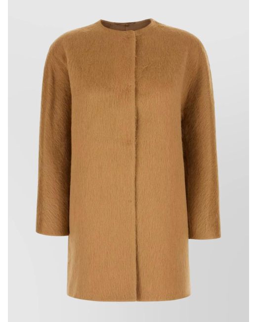 Max Mara Round Neckline Wool Blend Coat in Natural | Lyst