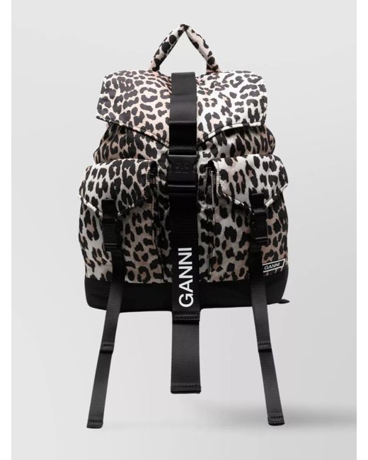 Ganni Leopard Print Backpack With Adjustable Shoulder Straps in Black ...