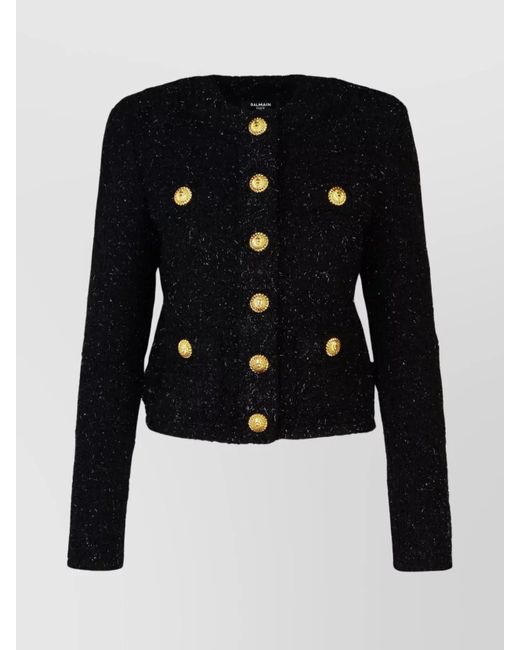 Balmain Cropped Double-Breasted Textured Blend Jacket in Black | Lyst