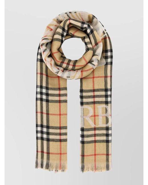 Burberry Wool Scarf With Embroidered Check Pattern And Fringed Edges | Lyst
