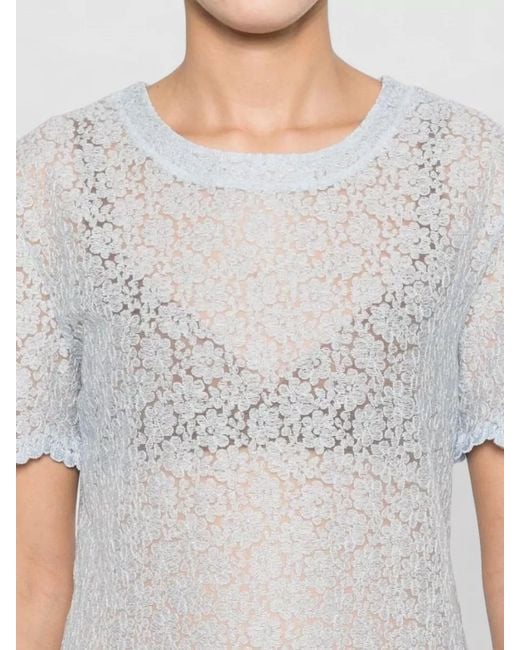 Ermanno Scervino Short Sleeves Lace Sheer Top Scalloped Hem in Blue ...