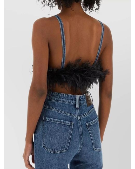 Miu Miu Cotton Denim Feather Trim Top in Blue | Lyst UK