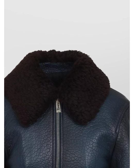 Alaïa Shearling Collar Textured Leather Zipped Jacket in Blue | Lyst UK