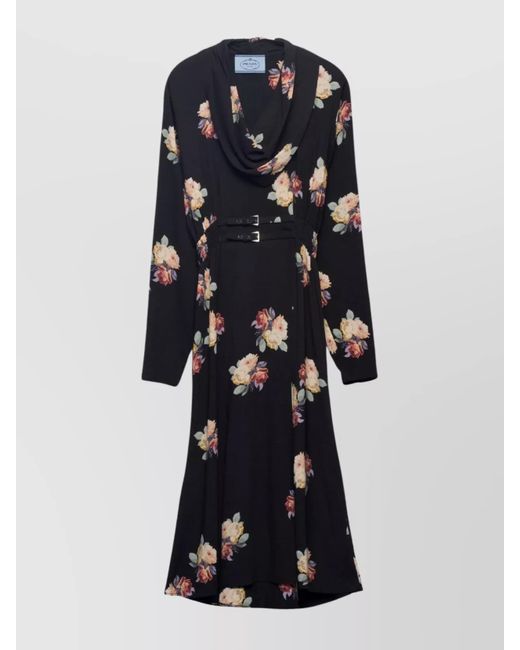 Prada Belted Waist Floral Pattern Midi Dress in Blue | Lyst