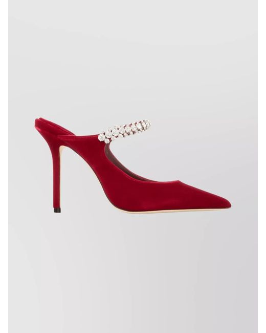 Jimmy Choo Pointed Toe Velvet Pumps Embellished Strap in Red | Lyst UK