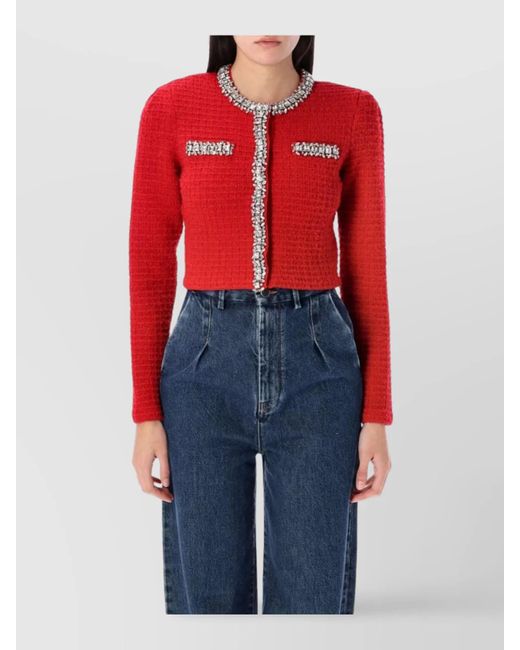 Self-Portrait Knit Jacket Embellished Trims in Red | Lyst