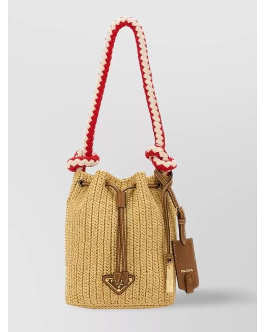 Prada Mini Bucket Bag With Braided Handle And Woven Texture in Natural ...