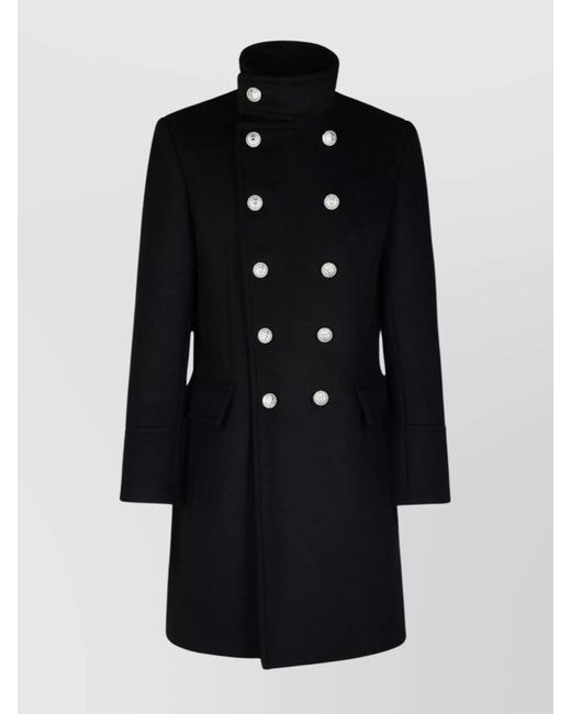 Balmain Wool Blend Coat With Buttoned Back Belt in Black for Men | Lyst