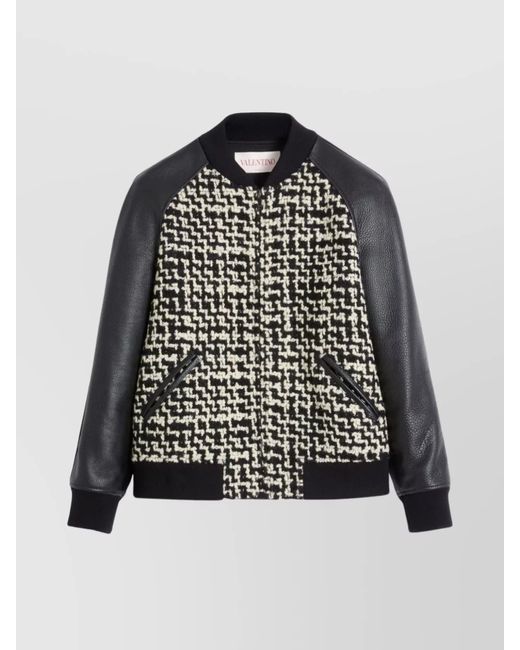 Valentino Tweed Calf Leather Ribbed Bomber Jacket in Black for Men | Lyst