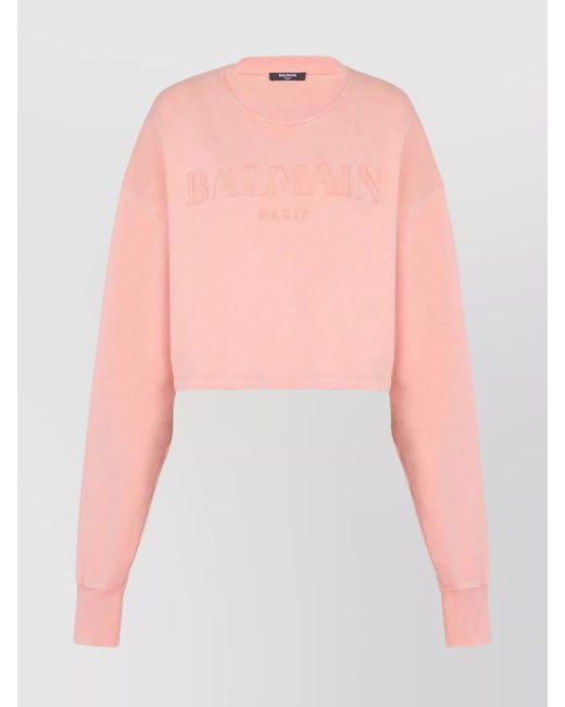 Balmain Cotton Cropped Loose-Fit Long-Sleeve Sweatshirt in Pink | Lyst UK