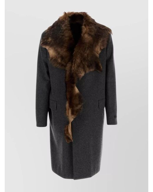Prada Long Wool Coat Featuring Fur Collar in Black for Men | Lyst UK