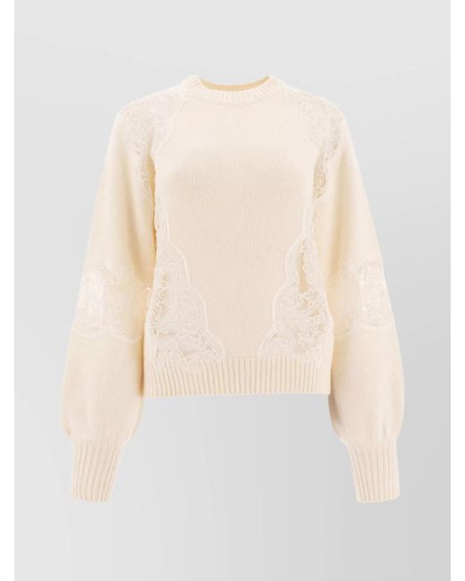 Elie Saab Lace Insert Knit Sweater in Natural | Lyst UK