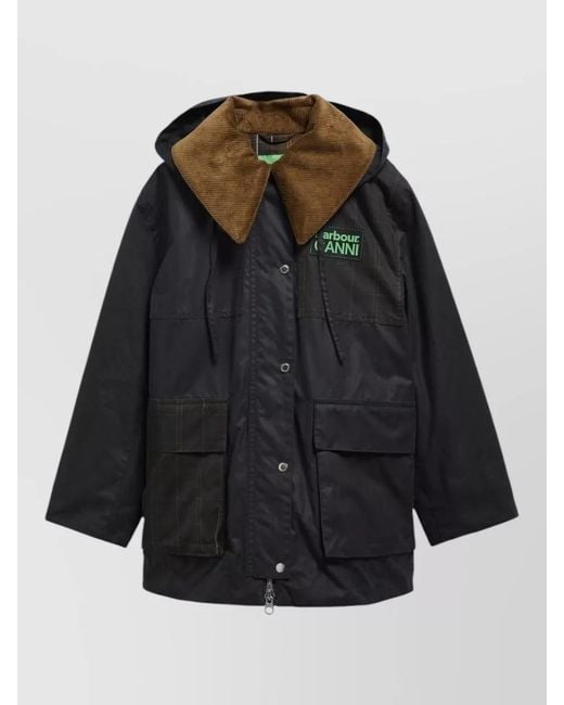Barbour Ganni Hooded Coat Plaid Accents in Black | Lyst UK