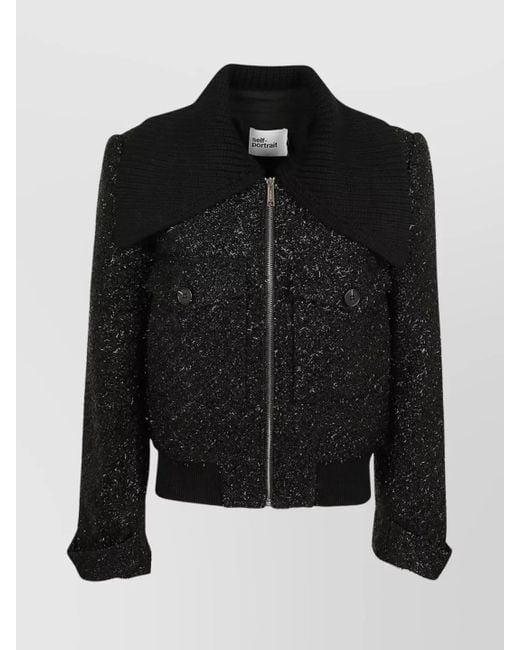 Self-Portrait Boucle Bomber Jacket Tinsel in Black | Lyst