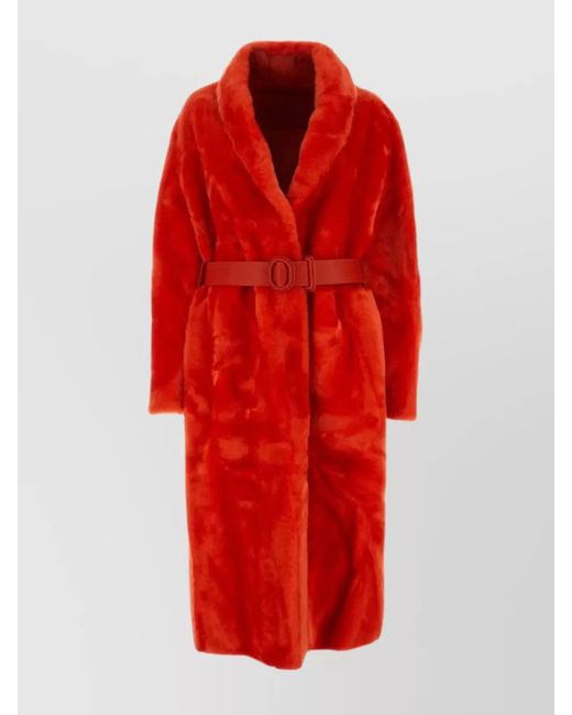 Jil Sander Waist Belt Shearling Coat in Red | Lyst