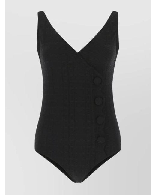 Lisa Marie Fernandez Scallop V-Neck Swimsuit in Black | Lyst