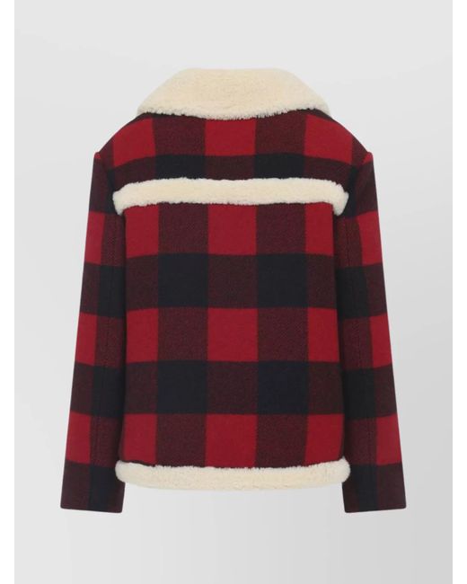 Celine Double-Breasted Shearling Collar Check Jacket in Red | Lyst UK