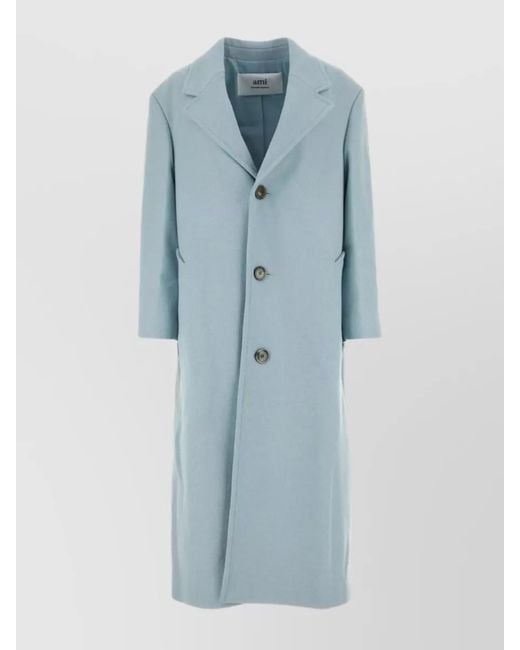 Ami Paris Wool Blend Coat With Back Slit And Buttoned Cuffs in Blue | Lyst