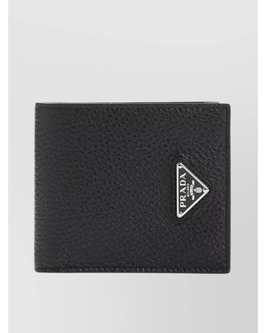 Prada Triangle Logo Bi-Fold Grained Wallet in Black for Men | Lyst