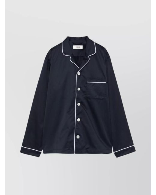 Tekla Satin Nightshirt With Chest Pocket And Contrast Piping in Blue | Lyst