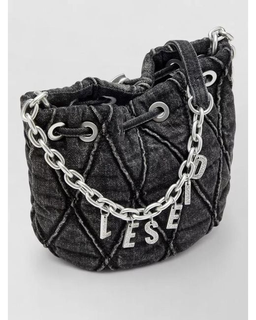 DIESEL Denim Chain Shoulder Strap Quilted Bucket Bag in Black | Lyst UK