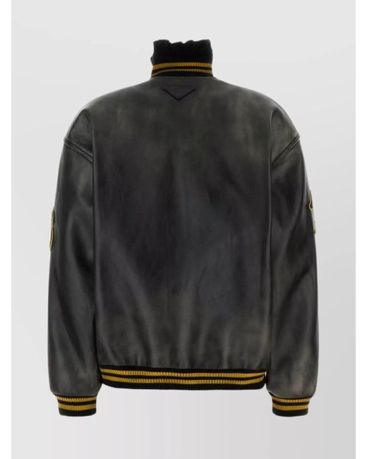 Prada Leather Jacket With Embroidered Patches And High Collar in Black ...