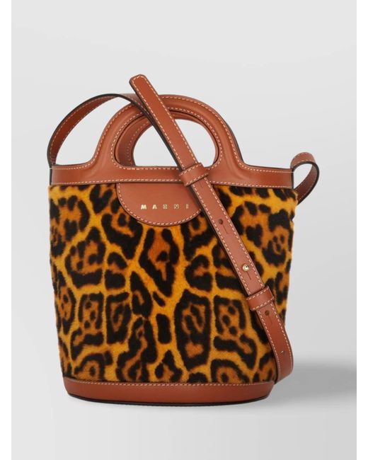 Marni Shearling Bucket Bag Leopard Print in Brown | Lyst