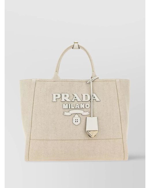 Prada Leather Patch Canvas Bag in Natural | Lyst