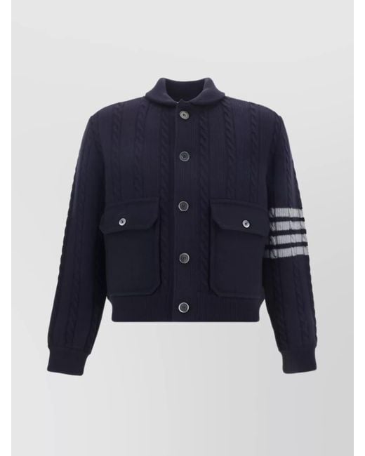Thom Browne Cable-Knit Wool Jacket Striped Sleeves in Blue for Men | Lyst