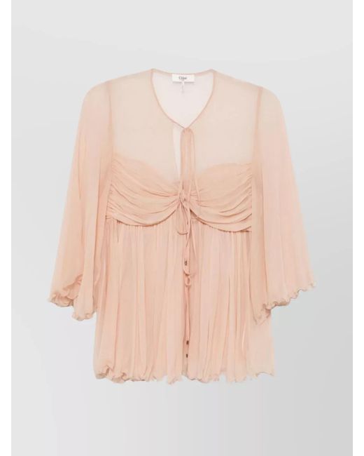 Chloé Pleated Silk Blouse Flared Sleeves in Natural | Lyst