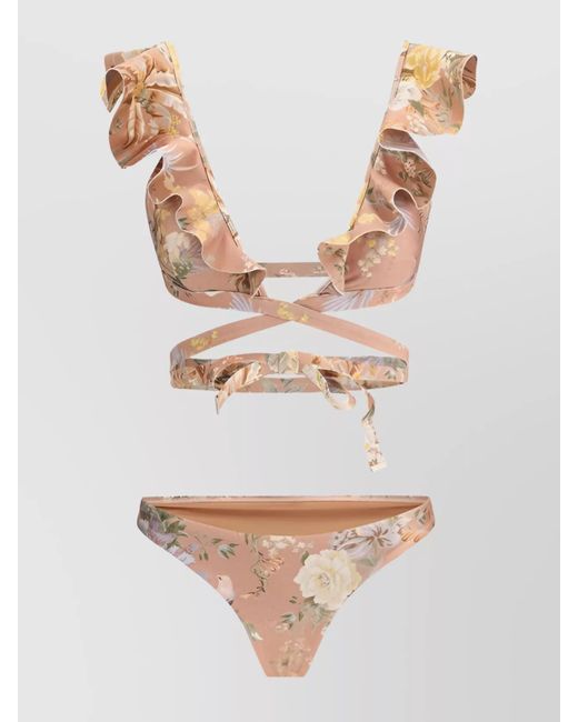 Zimmermann Tallow Floral Bikini Ruffle Detailing in Gray | Lyst