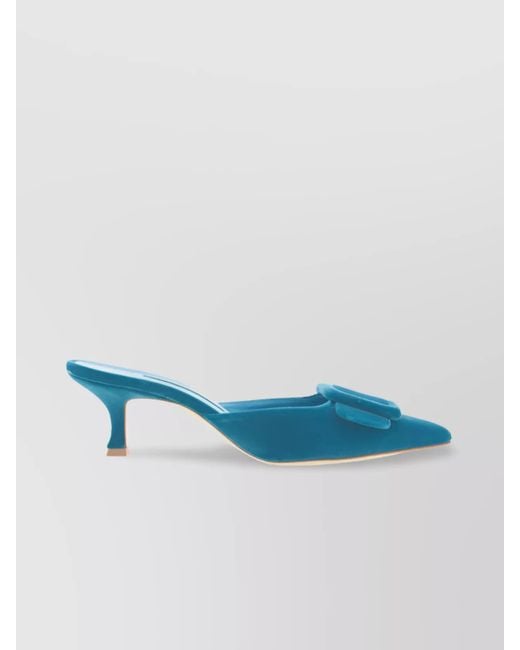Manolo Blahnik Velvet Almond Toe Mules With Bow Detail in Blue | Lyst