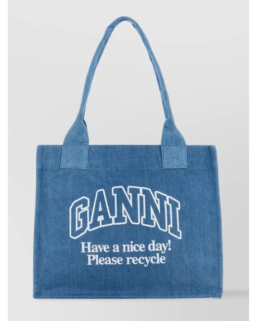 Ganni Open Top Denim Tote Bag in Blue | Lyst