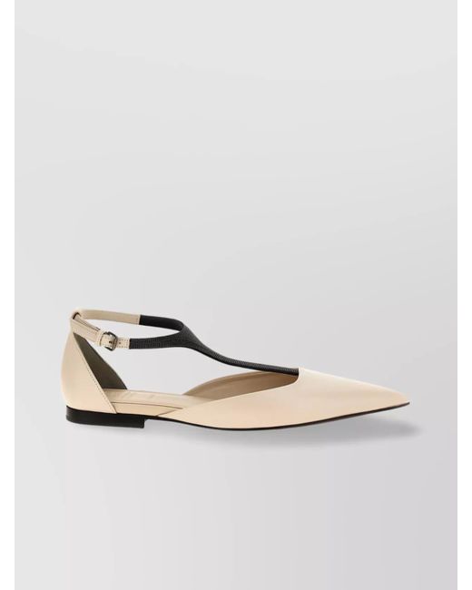 Brunello Cucinelli T-Bar Pointed Toe Ballet Flats in White | Lyst