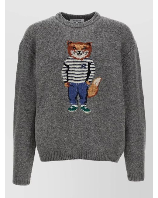 Maison Kitsuné 'Fox Motif' Crew Neck Sweater in Gray for Men | Lyst
