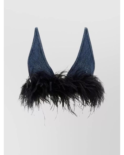 Miu Miu Cotton Denim Feather Trim Top in Blue | Lyst UK
