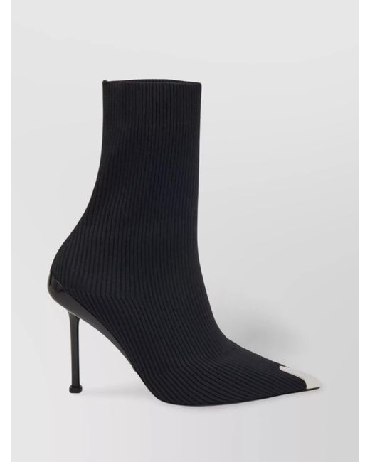 McQueen 90Mm Heel Point Toe Slashed Knit Boots in Black | Lyst