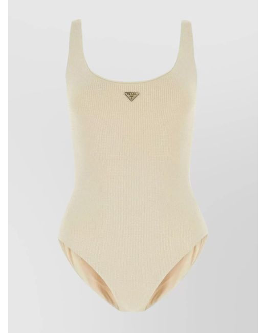 Prada Embellished High-Cut Leg Swimsuit in Natural | Lyst