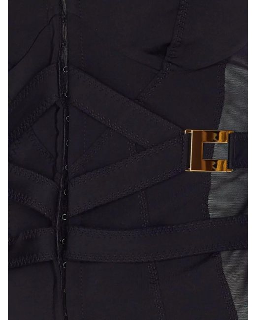 Elisabetta Franchi Sheer Panel Wide Neckline Jacket in Blue | Lyst UK