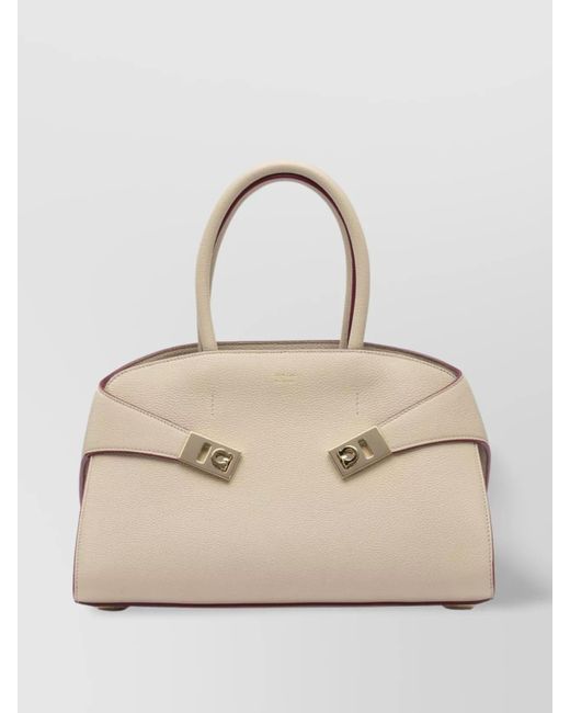 Ferragamo Structured Top Handle Shoulder Bag in Natural | Lyst UK