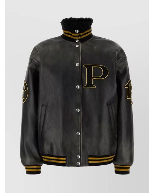 Prada Leather Jacket With Embroidered Patches And High Collar in Black ...