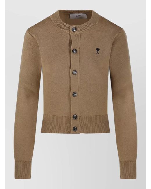 Ami Paris Merino Knit Cardigan Round Crew Neck in Natural | Lyst UK