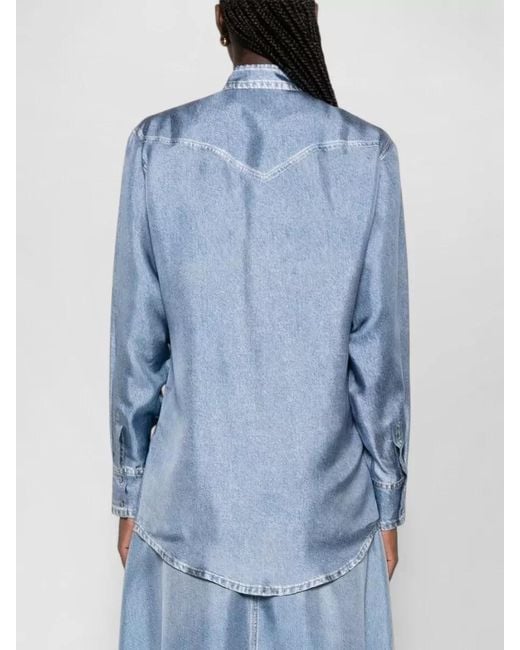 Pierre Louis Mascia Silk Shirt Curved Hem Yoke Chest Pockets in Blue ...