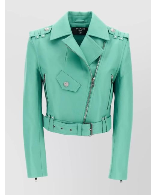 Balmain Motorcycle Jacket With Belt And Buttons in Green | Lyst